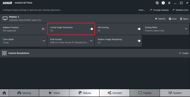 配置 AMD 虚拟超级分辨率 (RSR) 和全分辨率 (FSR)。